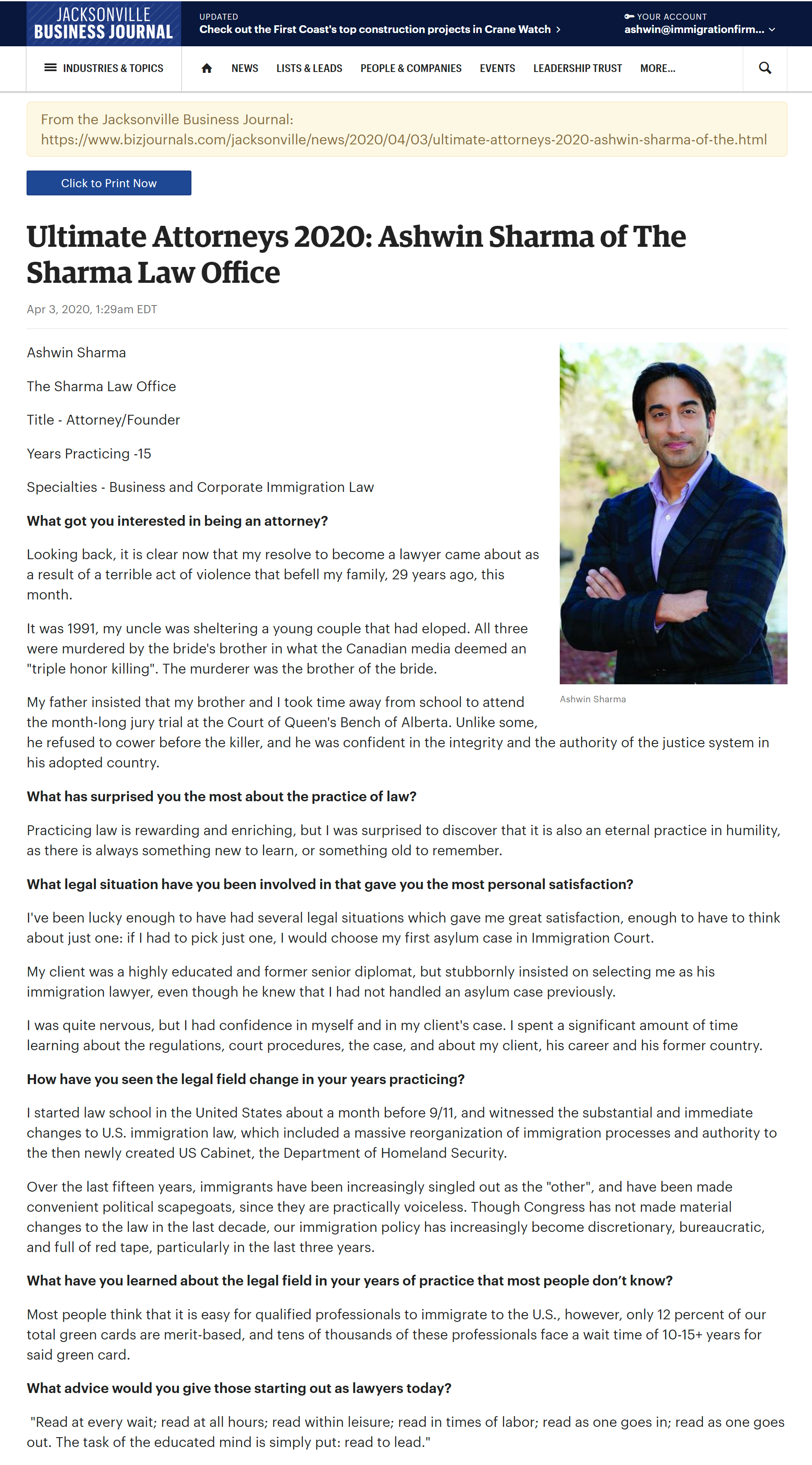 Ashwin Sharma selected for an “Ultimate Attorneys – Best of the Bar ...